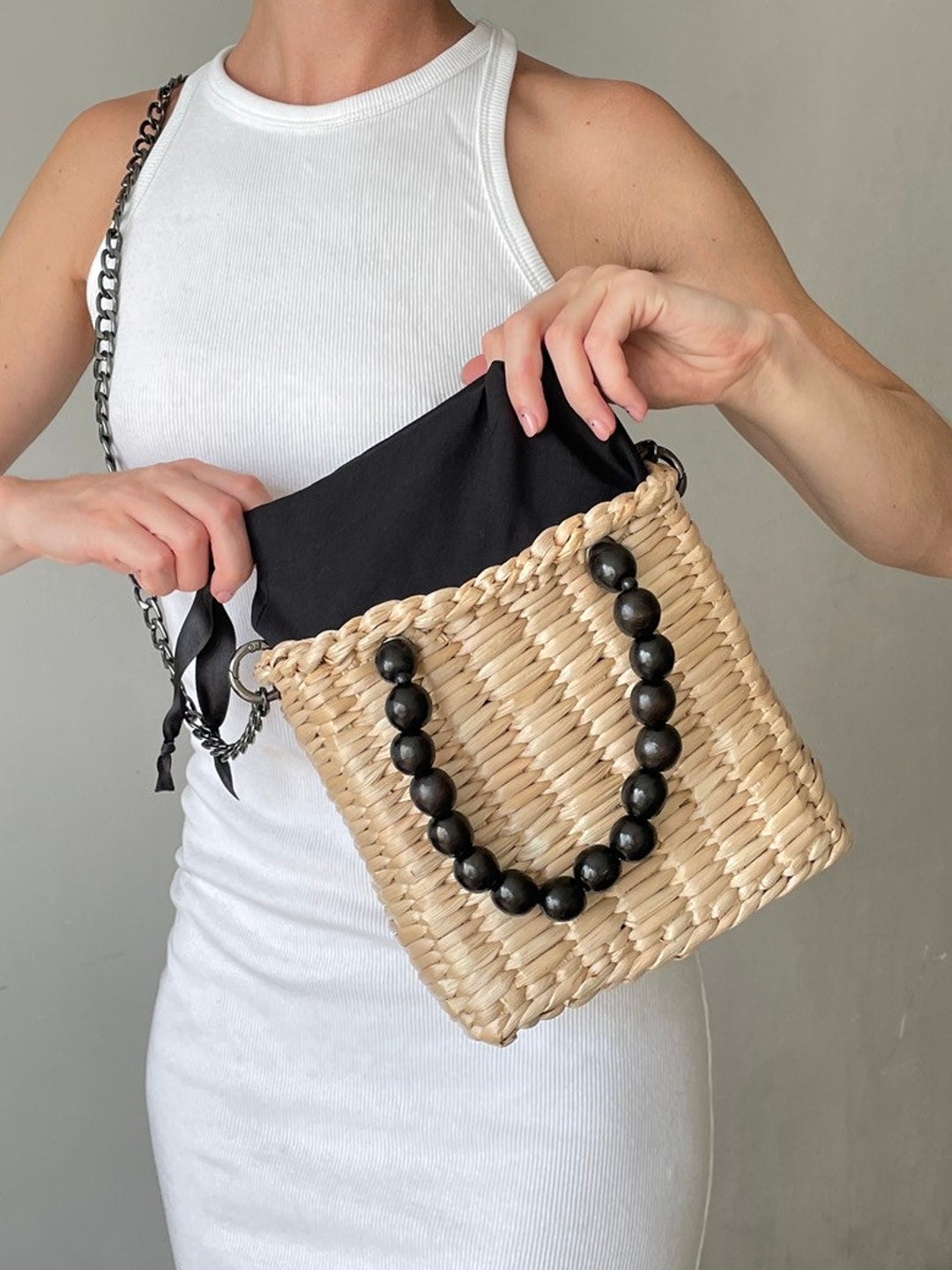 Woven Mini Straw Tote Crossbody Bag Purse Black - Etsy