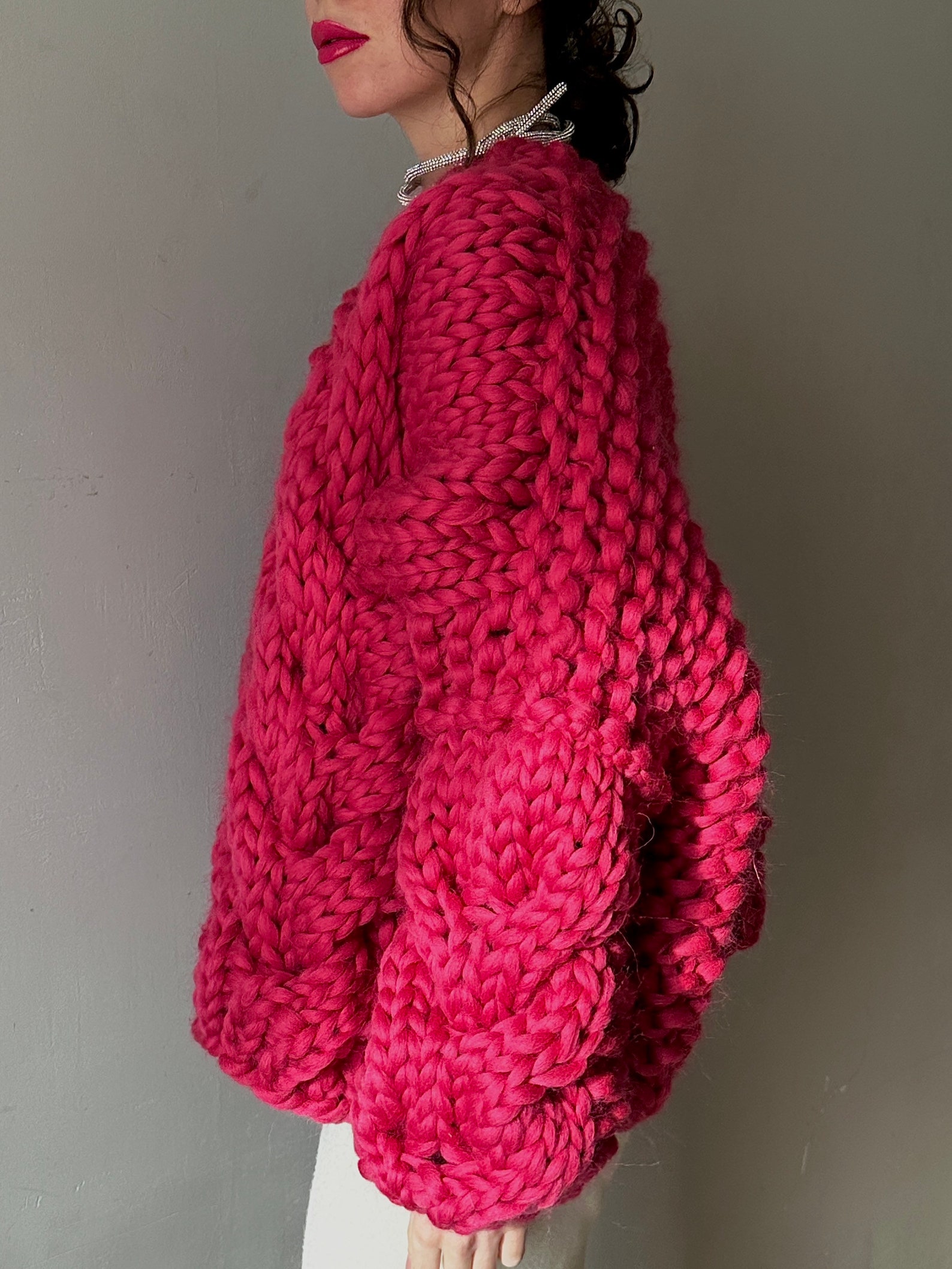 Womens Cable Knit Chunky Cardigan, Handmade Fuchsia Sweater - Etsy