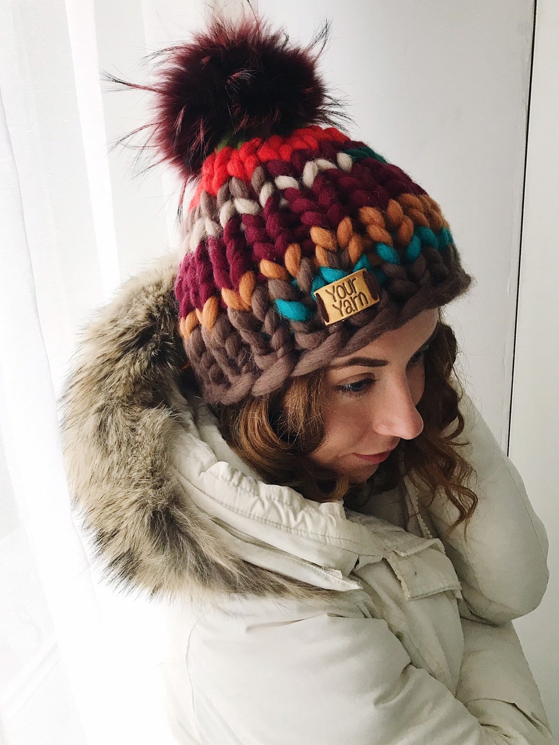 Chunky Knit Hat Pom Pom, Womens Multi Color Hat, Fair Isle Knit Hat - Etsy