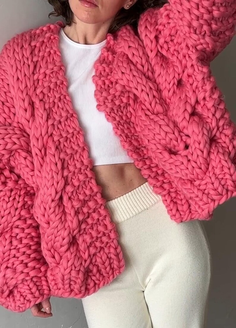 Pink Chunky Knit Cardigan | Oversized Cable Knit Cardigan Sweater ...