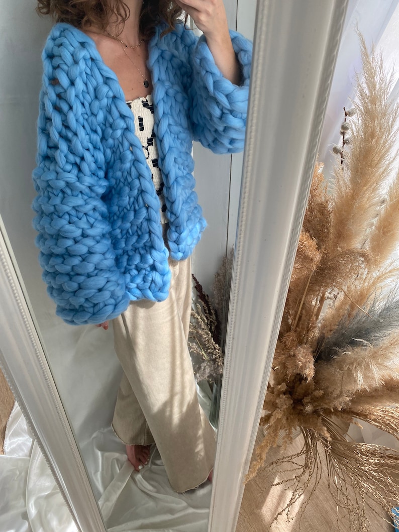 Super Chunky Hand Knit Blue Cardigan, Womens Oversized Cardigan - Etsy