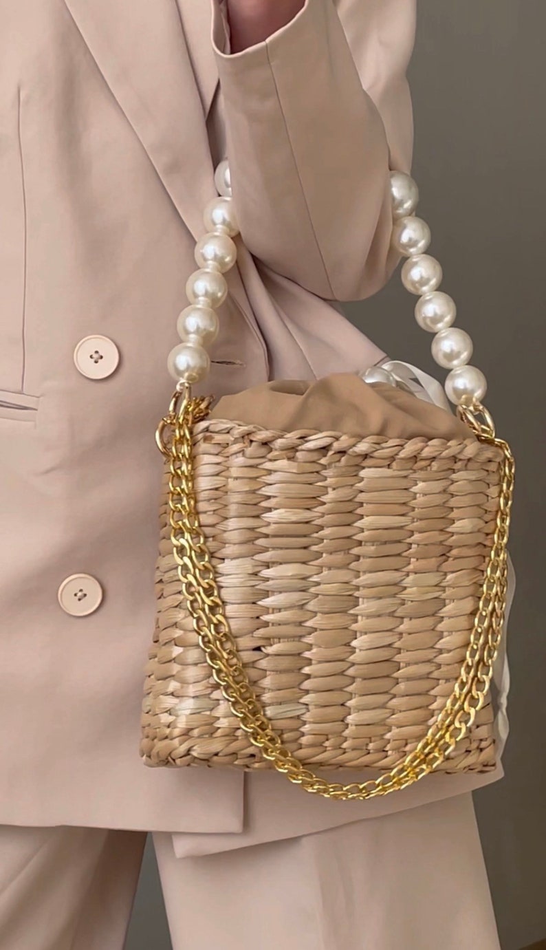 Straw Shoulder Handbag Pearls Handle Bag | Etsy