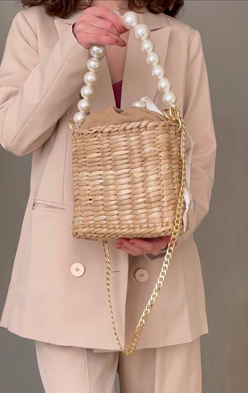 Straw Shoulder Handbag Pearls Handle Bag | Etsy