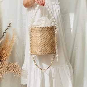 Womens Straw Bucket Bag, Beaded Straw Bag, Round Straw Handbag Pearl ...