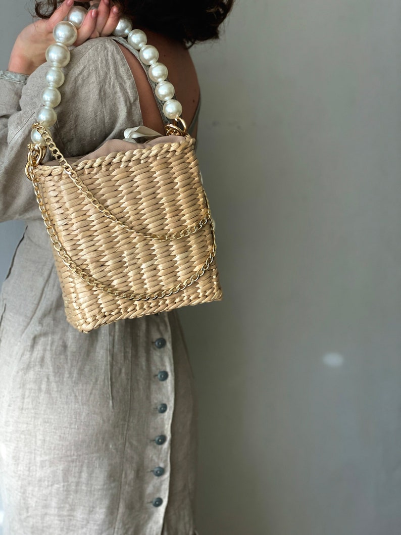 Straw Shoulder Handbag, Pearls Handle Bag - Etsy