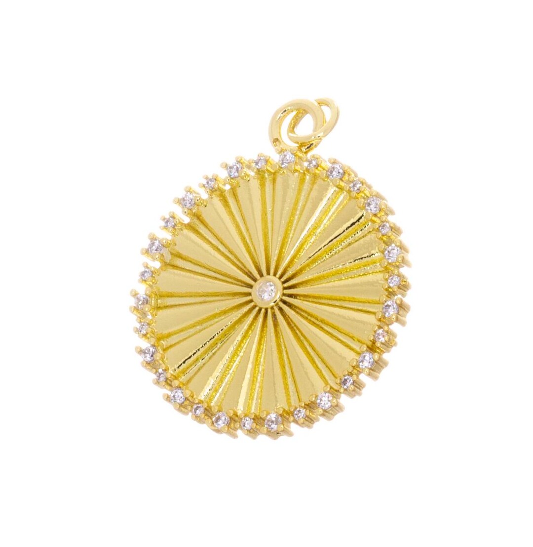 Gold Fluted Ribbed Disc CZ Charm,round Disc Pave Charm,circle Disc CZ ...
