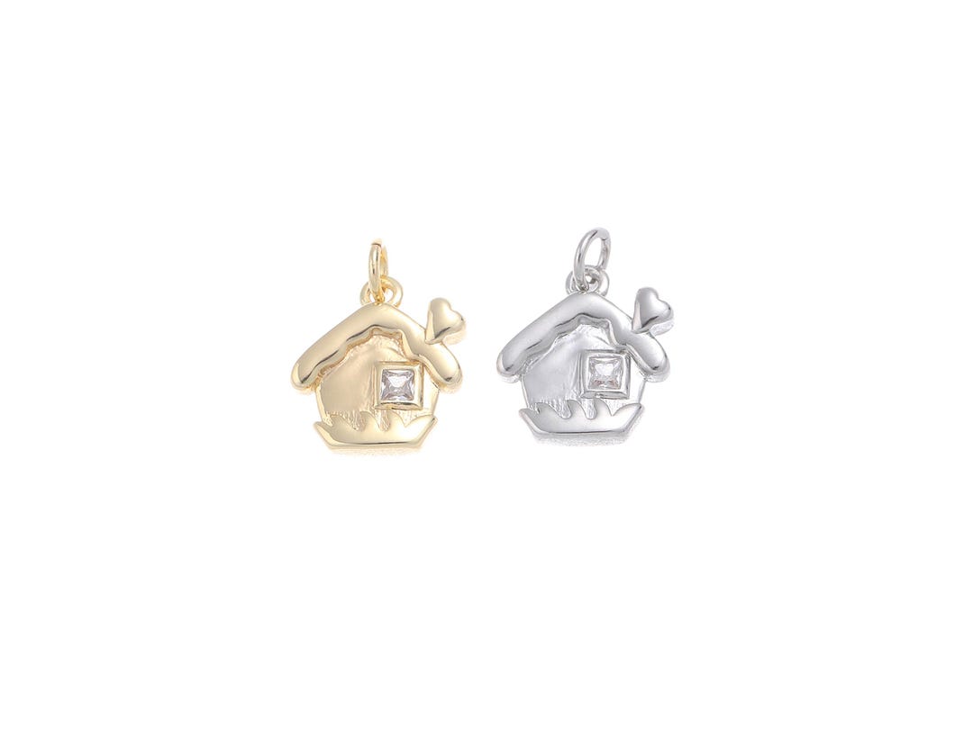 18k Gold or Silver Gingerbread House Charm, CZ Stones, CZ Pave ...