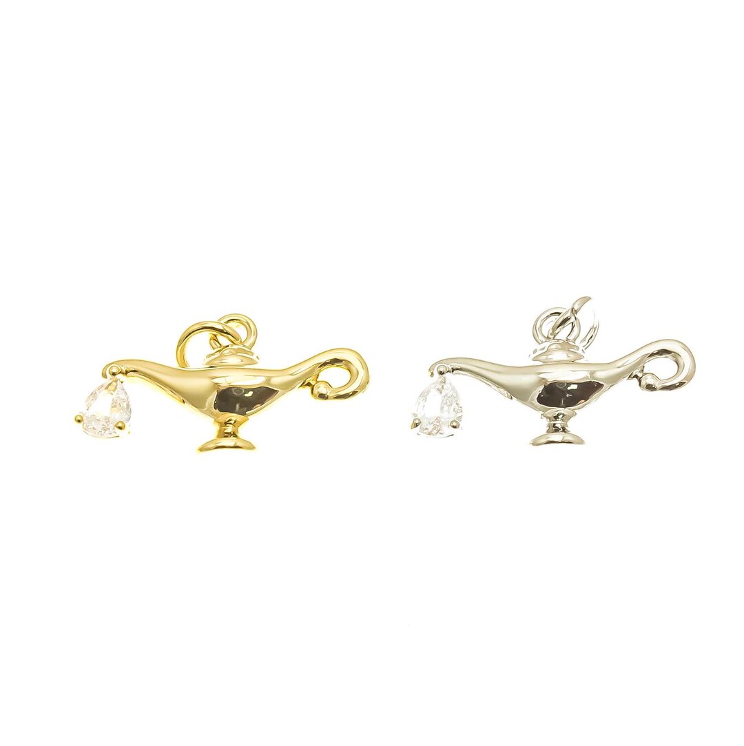 18k CZ Gold Genie Lamp, Mini Genie Lamp Charm, Genie in a Bottle Charm ...