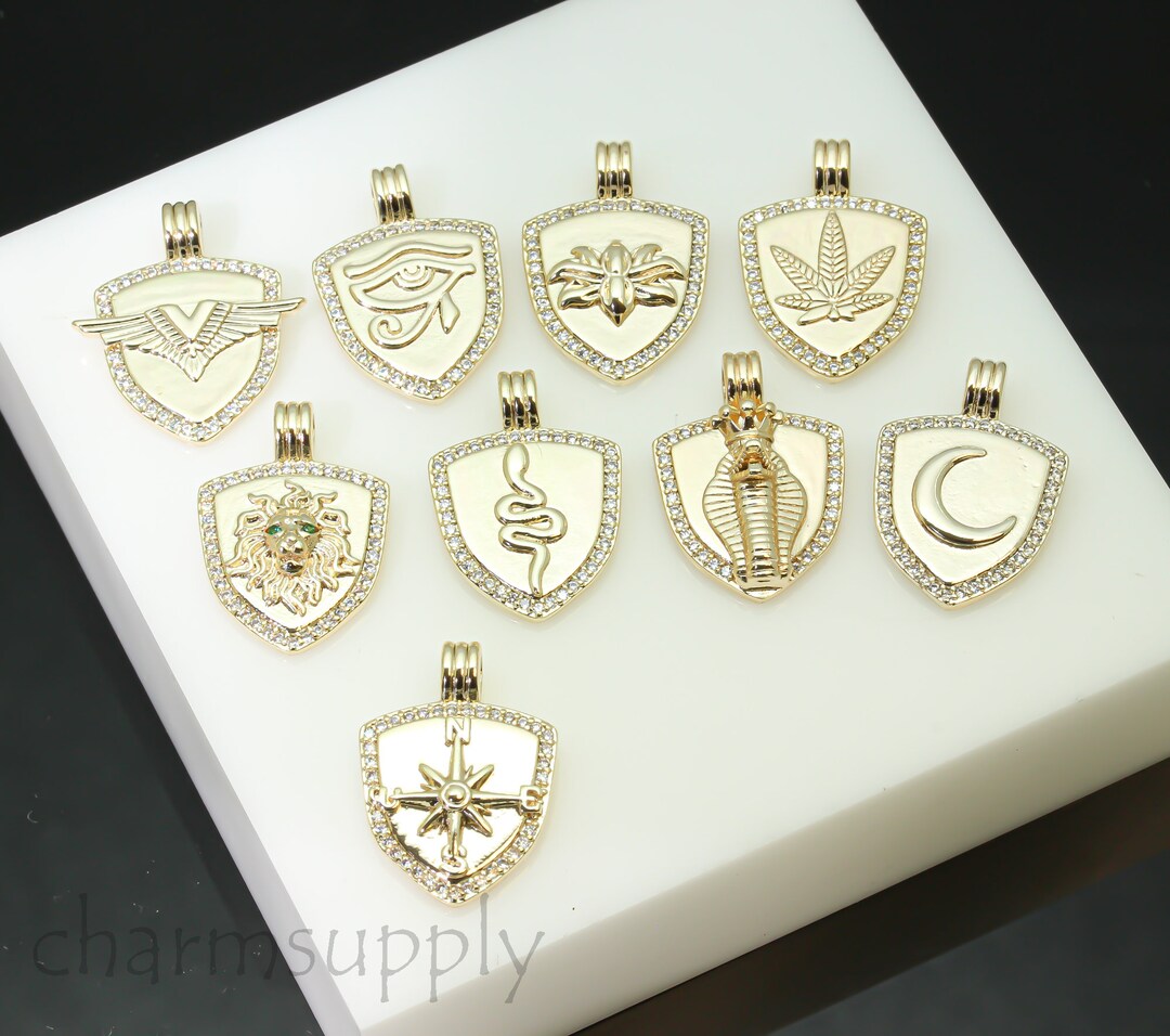 Gold or Silver Shield Pendant,16x23mm, CZ Trimmed, 9 Symbol Variations ...