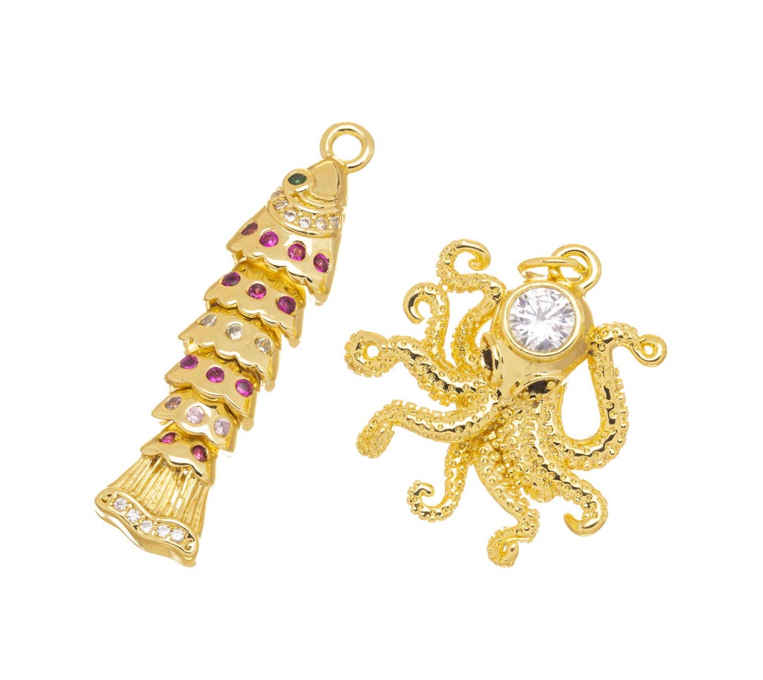 Gold Twirling Moving Fish Charm,octopus Charm,cz Gold Sealife Charms ...