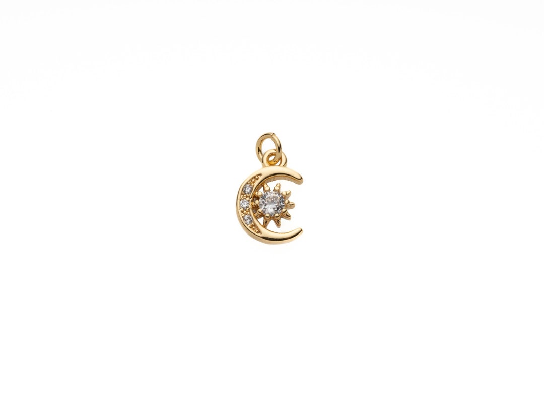 CZ Gold Star and Moon Charm, CZ Celestial Moon and Star Charm, 18k Gold ...