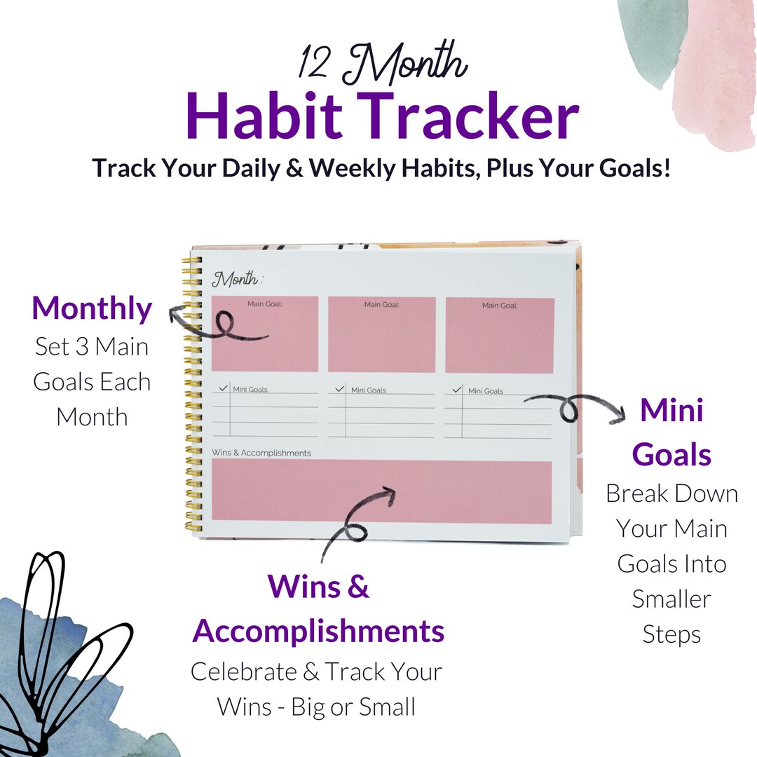 Goal Planner Tracker, Habit Tracking Diary, 12 Month Progress Log ...