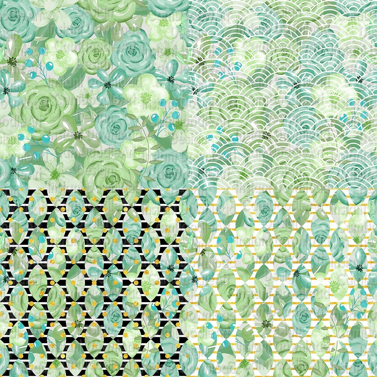 Watercolor Floral Digital Paper Pack,mint and Green, Black White & Gold ...