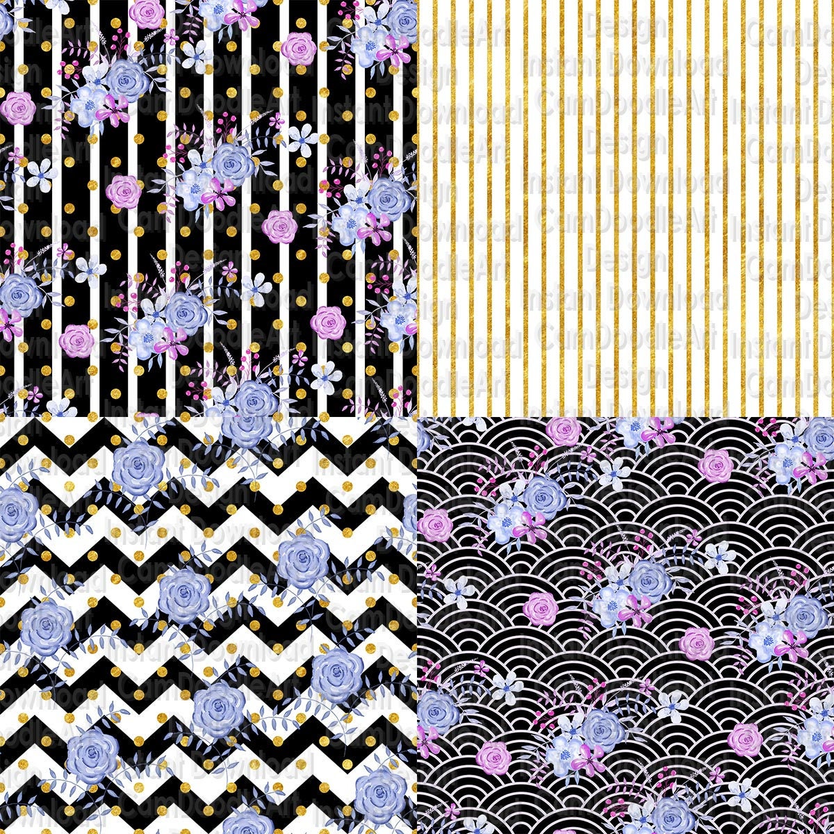 Watercolor Floral Digital Paper Pack,purple and Pink, Black White ...