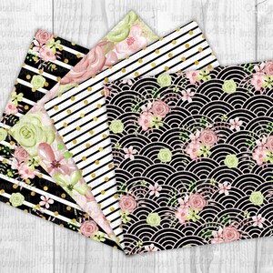 Watercolor Floral Digital Paper Pack,peach and Mint, Black White & Gold ...