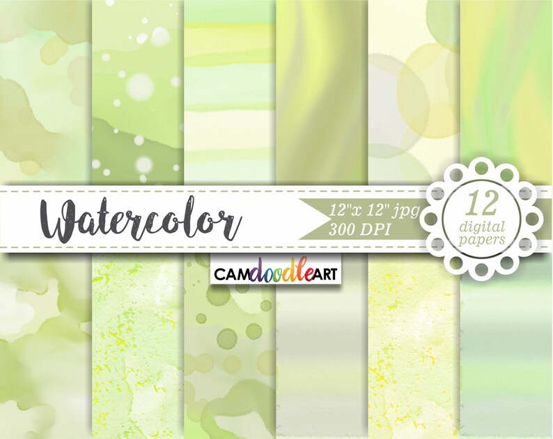 Watercolor Yellow and Green Digital Paper PackScrapbooking | Etsy