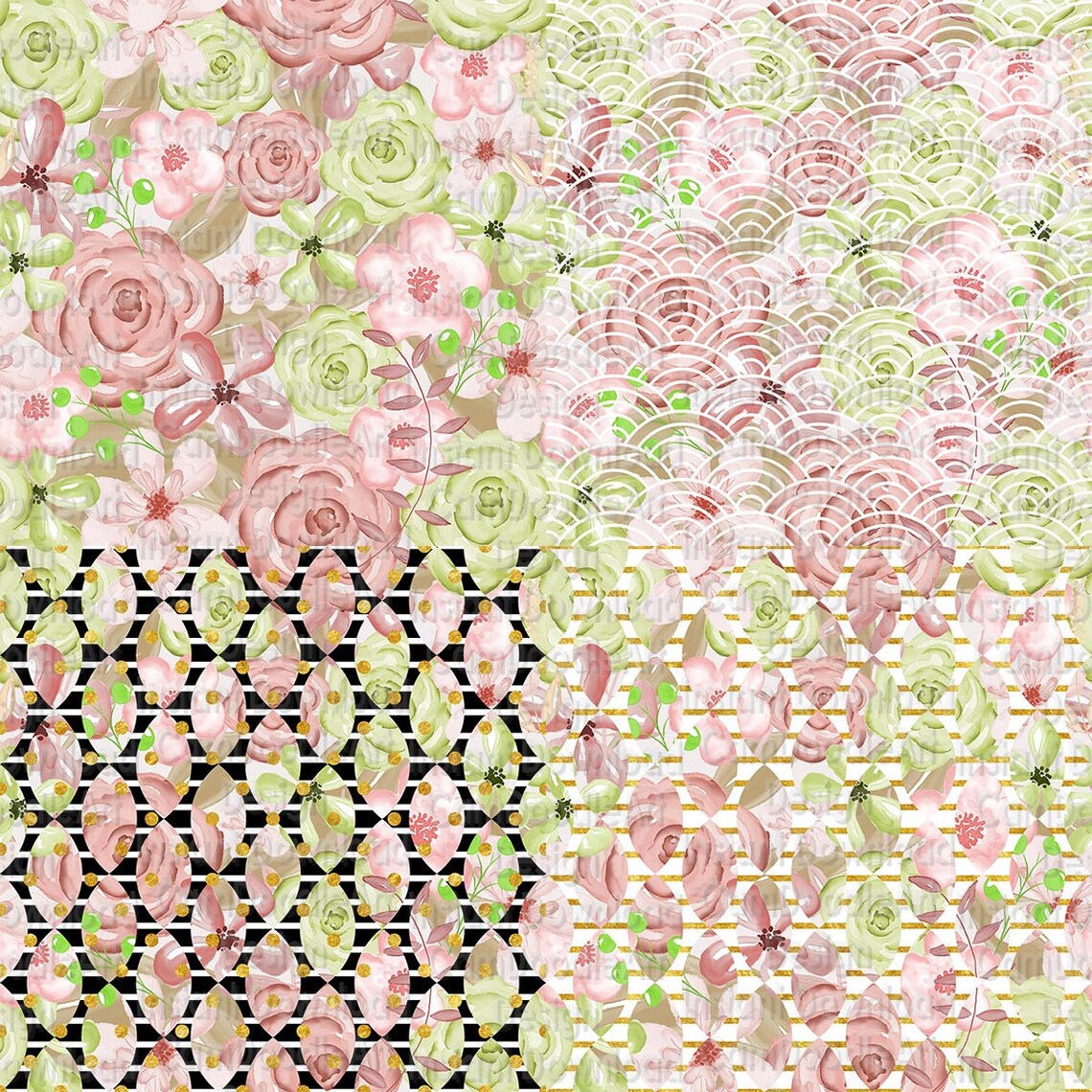 Watercolor Floral Digital Paper Pack,peach and Mint, Black White & Gold ...