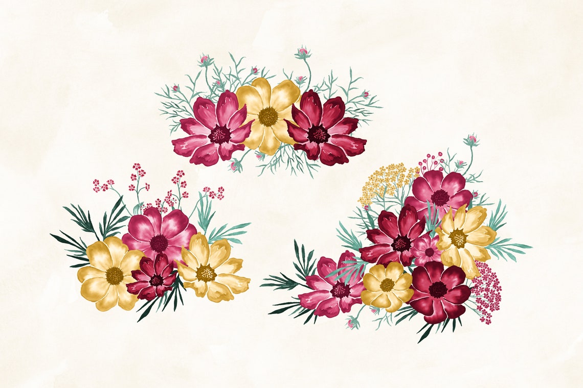 Red Gold Watercolor Floral Cliparts, Handpainted Clipart, Watercolor ...