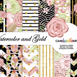 Watercolor Floral Digital Paper Pack,peach and Mint, Black White & Gold ...