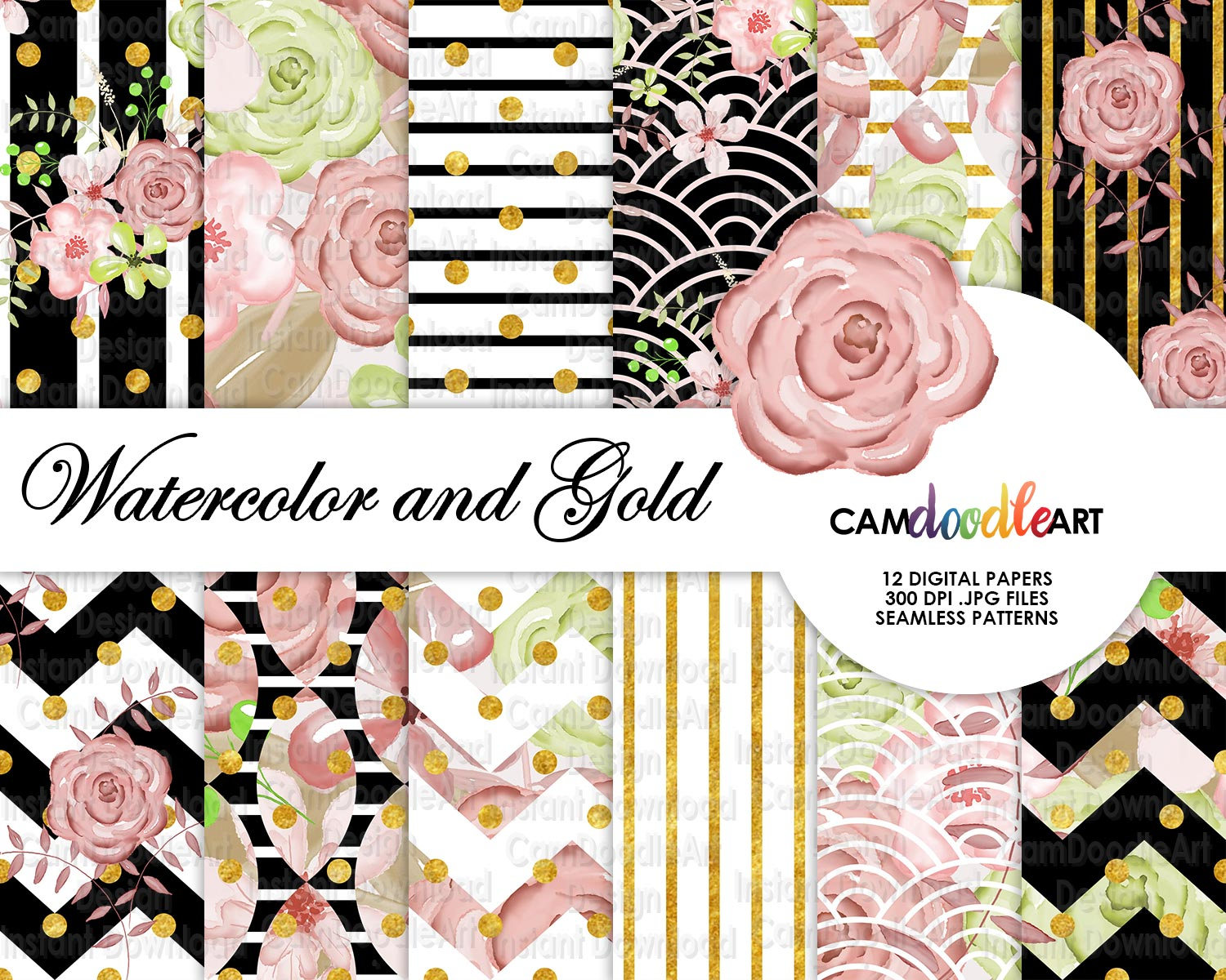 Watercolor Floral Digital Paper Pack,peach and Mint, Black White & Gold ...