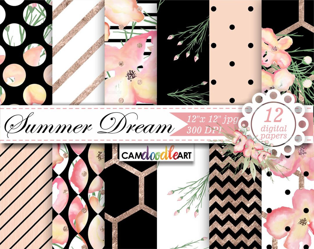 Watercolor Floral Digital Paper Pack,pink, Black, White & Rose Gold ...