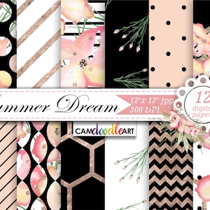 Watercolor Floral Digital Paper Pack,pink, Black, White & Rose Gold ...