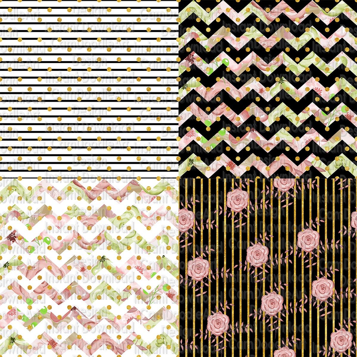 Watercolor Floral Digital Paper Pack,peach and Mint, Black White & Gold ...