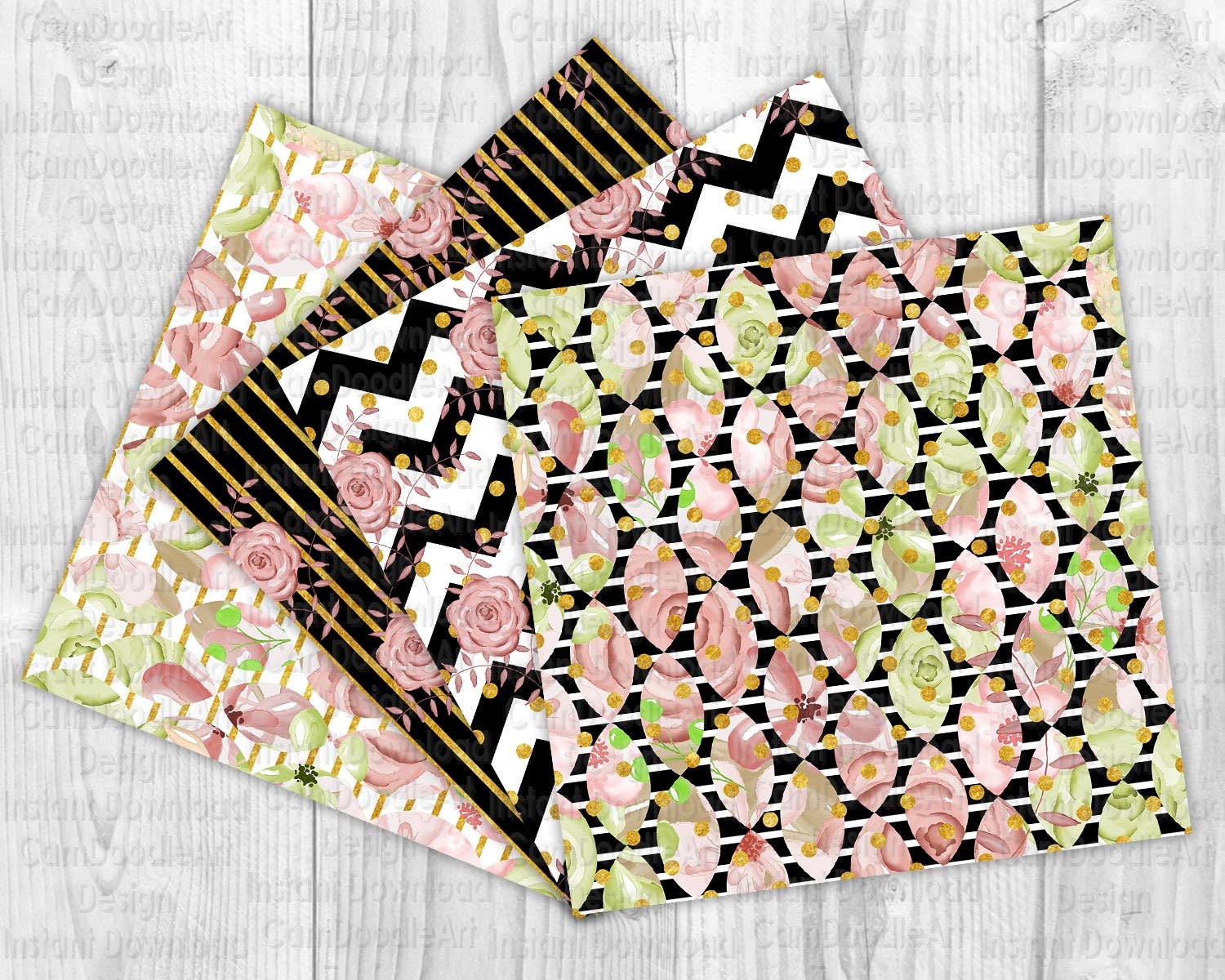 Watercolor Floral Digital Paper Pack,peach and Mint, Black White & Gold ...