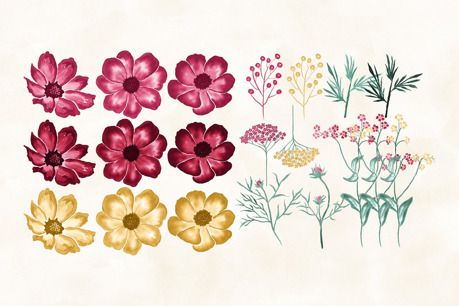 Red Gold Watercolor Floral Cliparts, Handpainted Clipart, Watercolor ...