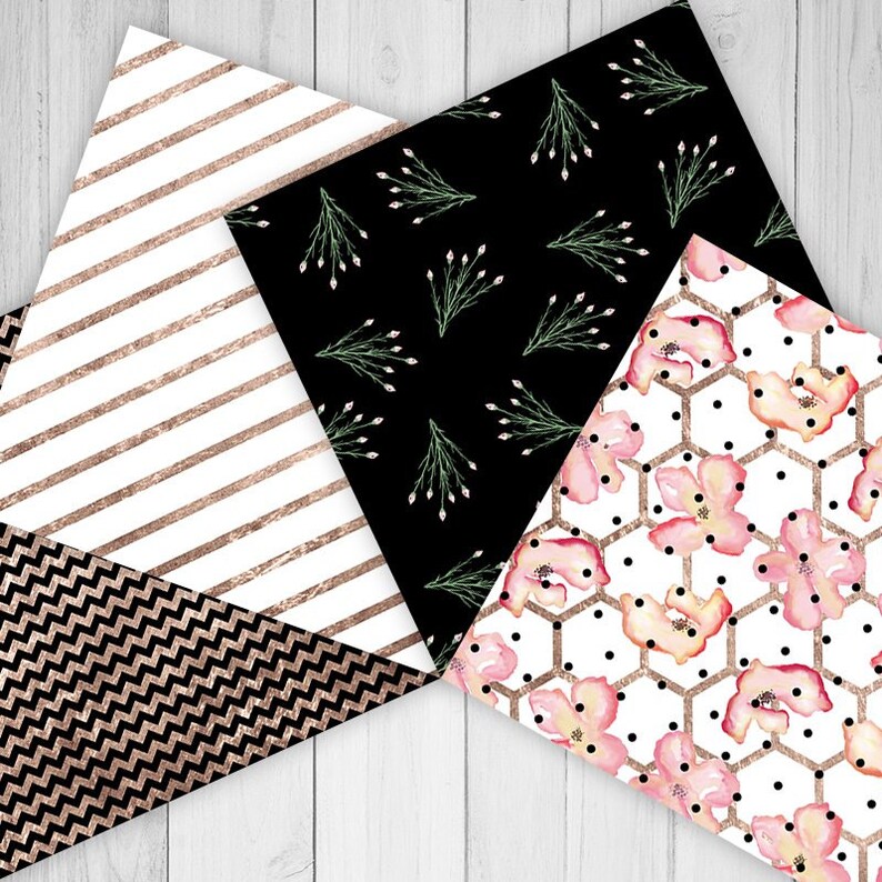 Watercolor Floral Digital Paper Pack,pink, Black, White & Rose Gold ...