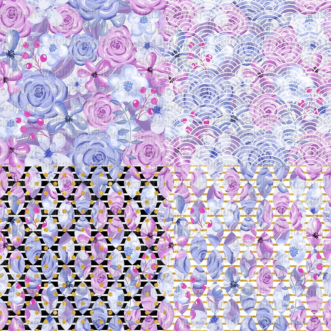 Watercolor Floral Digital Paper Pack,purple and Pink, Black White ...
