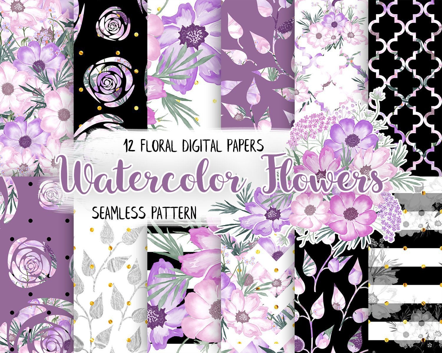 Watercolor Floral Digital Paper PackPurple and Pink Black | Etsy