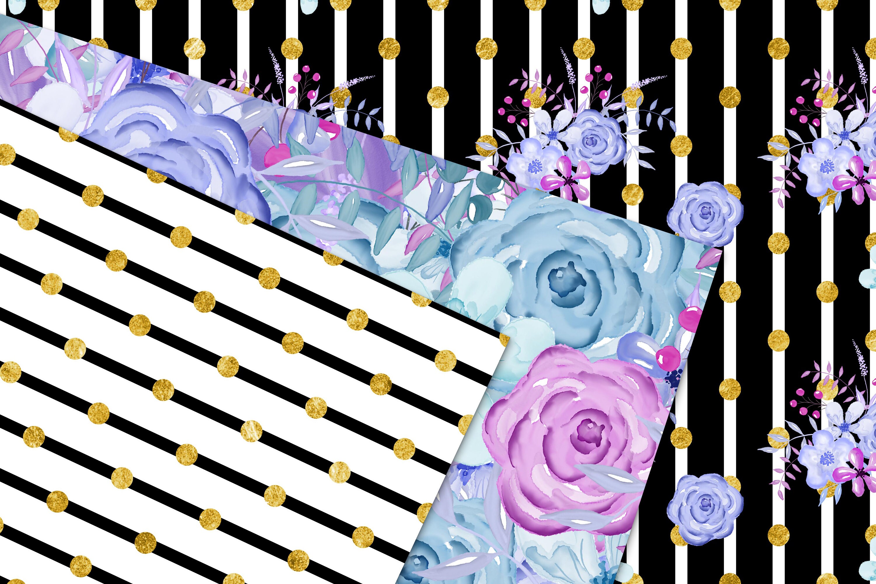 Watercolor Floral Digital Paper Pack,blue and Purple, Black White ...