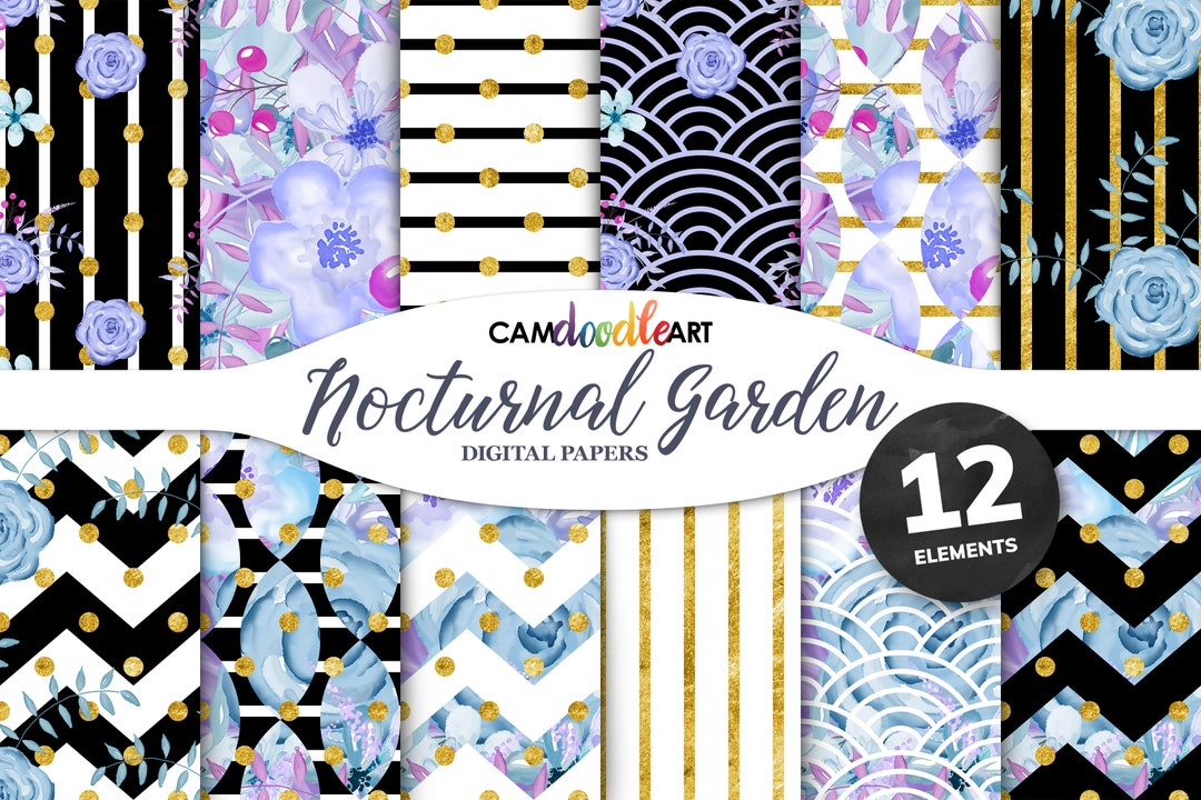 Watercolor Floral Digital Paper Pack,blue and Purple, Black White ...