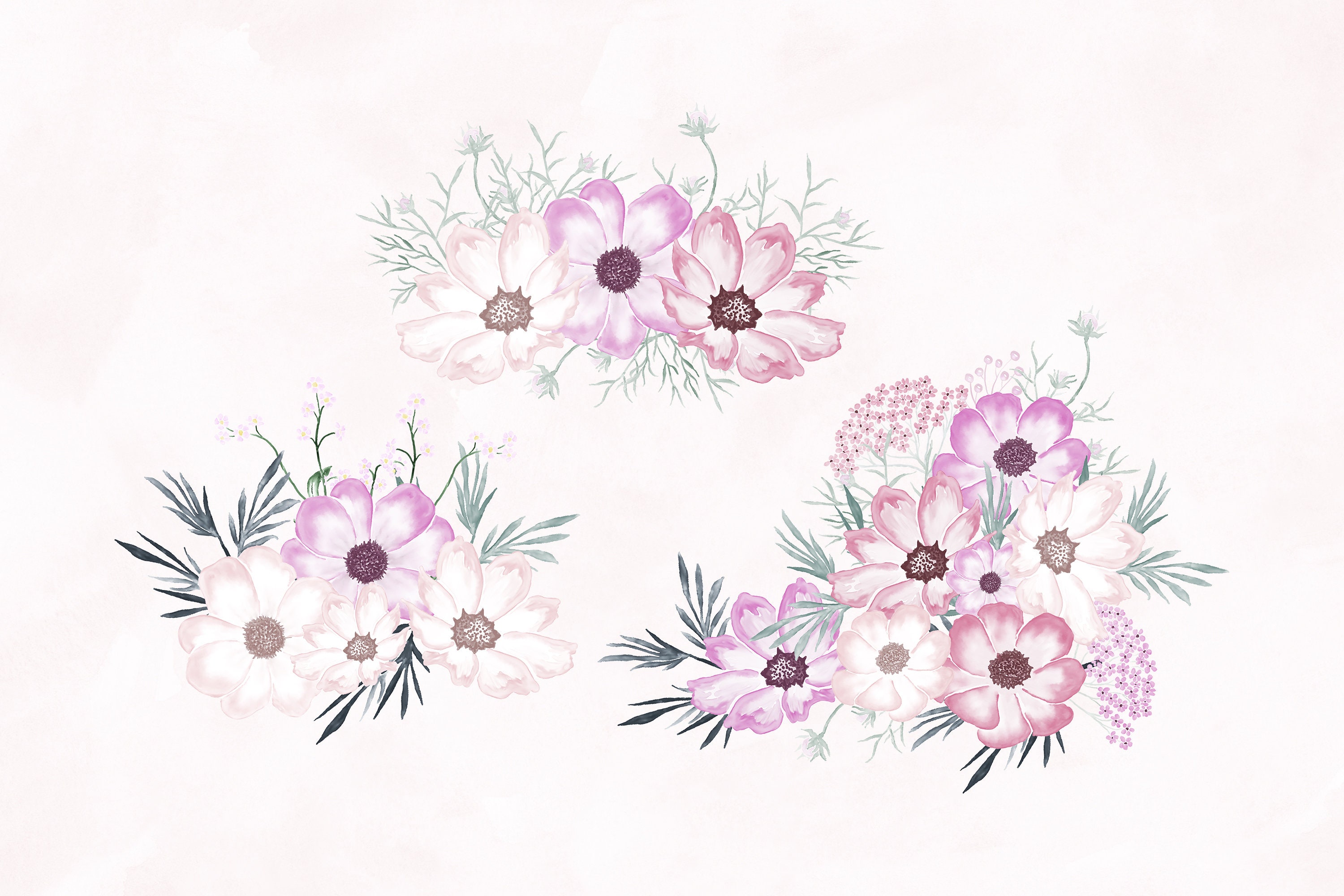 Pink Pastel Watercolor Floral Cliparts, Handpainted Clipart, Watercolor ...