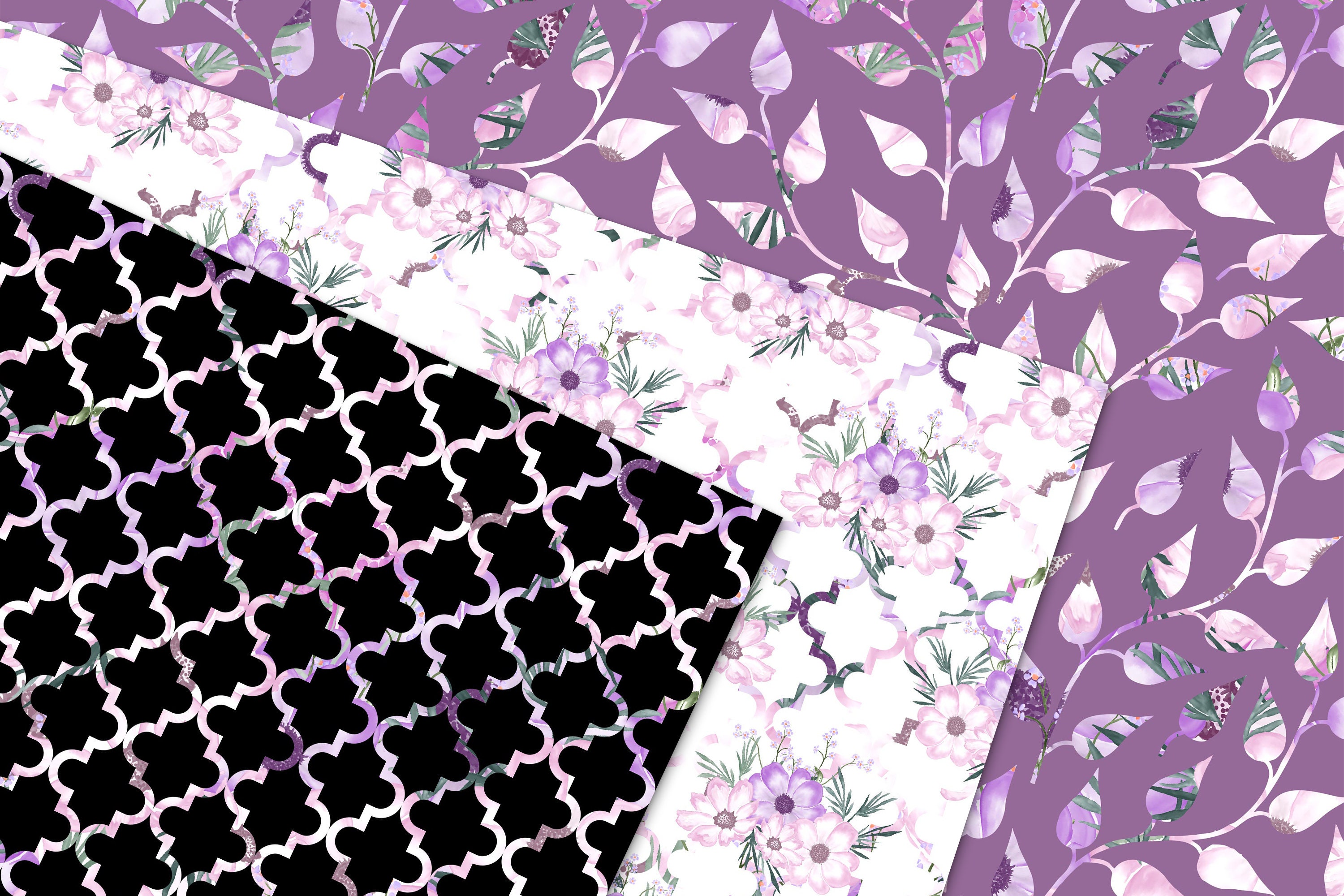 Watercolor Floral Digital Paper Packpurple and Pink Black - Etsy