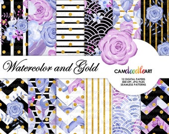 Watercolor Floral Digital Paper Packblue and Purple Black | Etsy