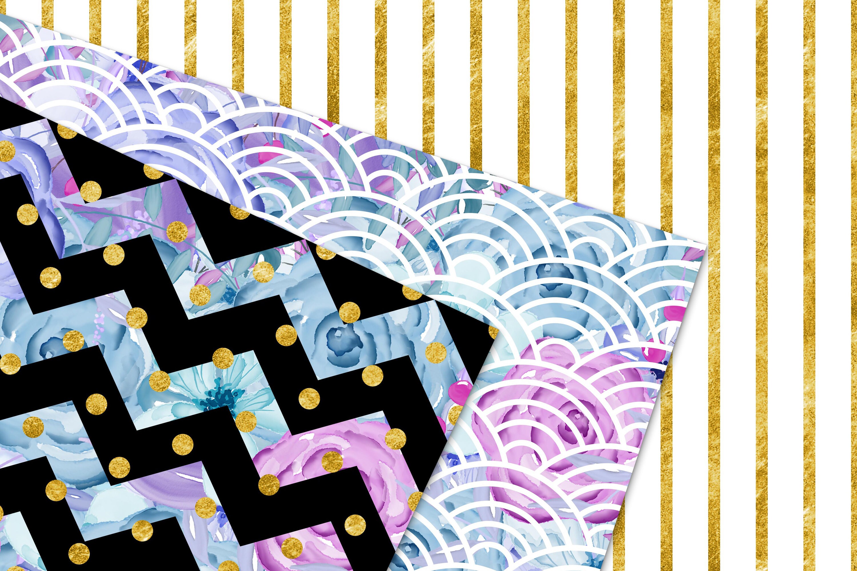 Watercolor Floral Digital Paper Pack,blue and Purple, Black White ...