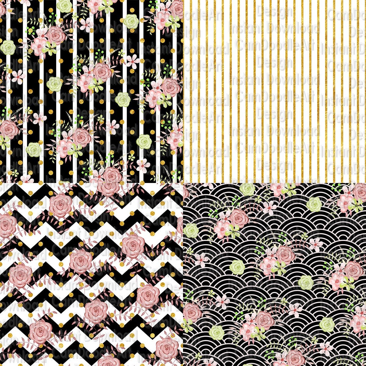 Watercolor Floral Digital Paper Packpeach and Mint Black - Etsy