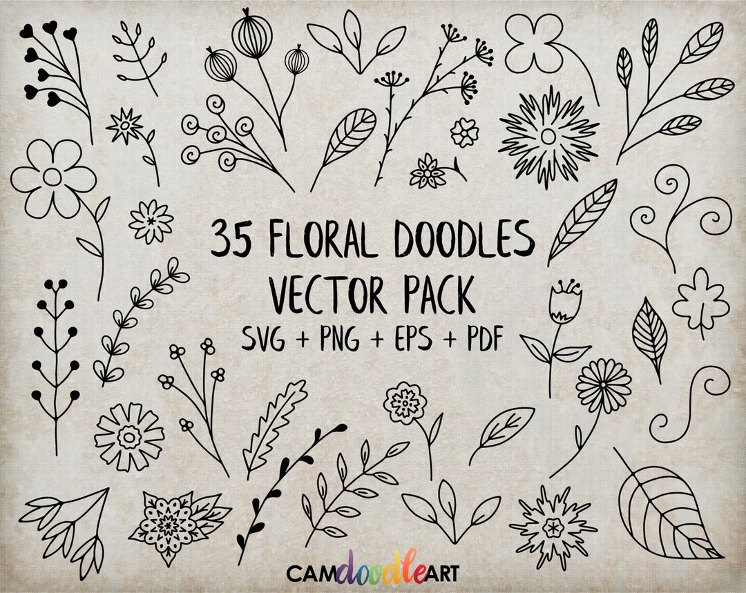35 Floral Doodles Vector Pack, Hand Drawn Doodle Clipart ,leaves and ...