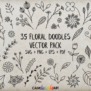 35 Floral Doodles Vector Pack, Hand Drawn Doodle Clipart ,leaves and ...