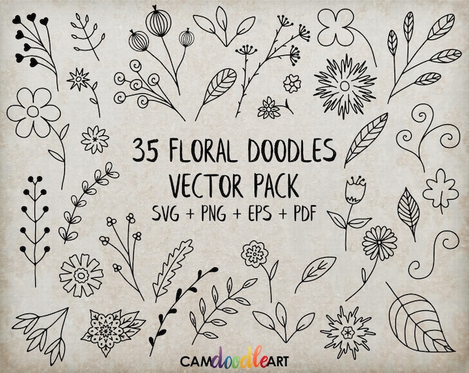 Floral Doodles Clipart, Flowers Doodle Clipart, Hand Drawn Flower ...