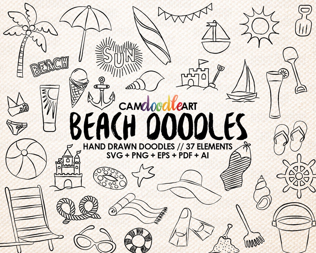 37 Beach Doodles Vector Pack, Hand Drawn Doodle Clipart ,beach Clipart ...