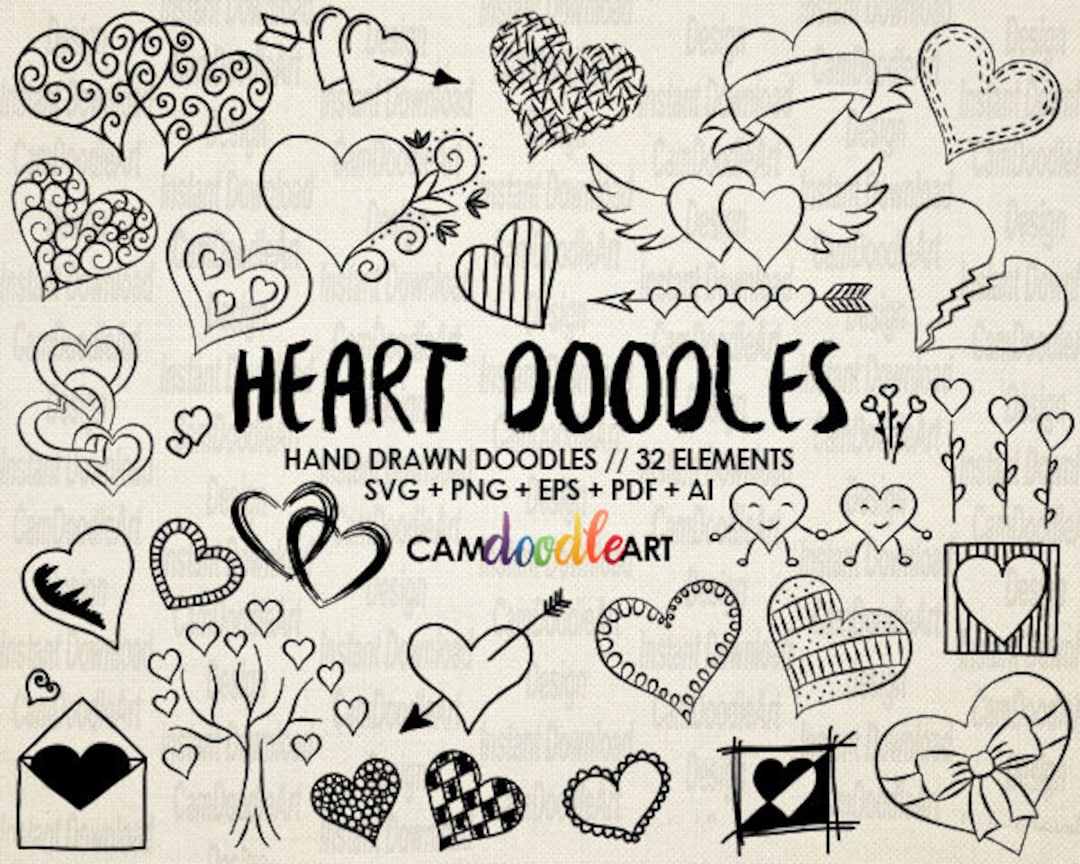 32 Doodle Hearts Vector Pack, Hand Drawn Doodle Clipart ,hand Drawn ...