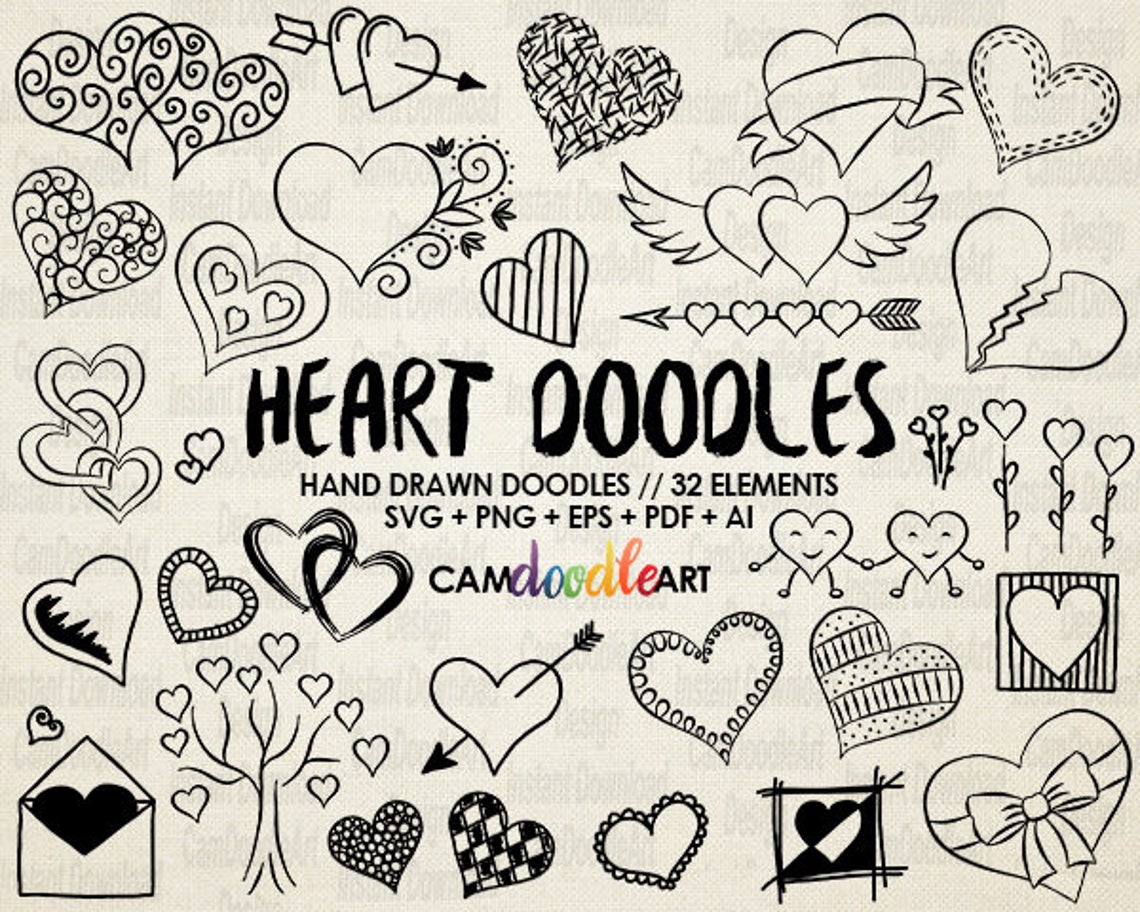 32 Doodle Hearts Vector Pack, Hand Drawn Doodle Clipart ,hand Drawn ...