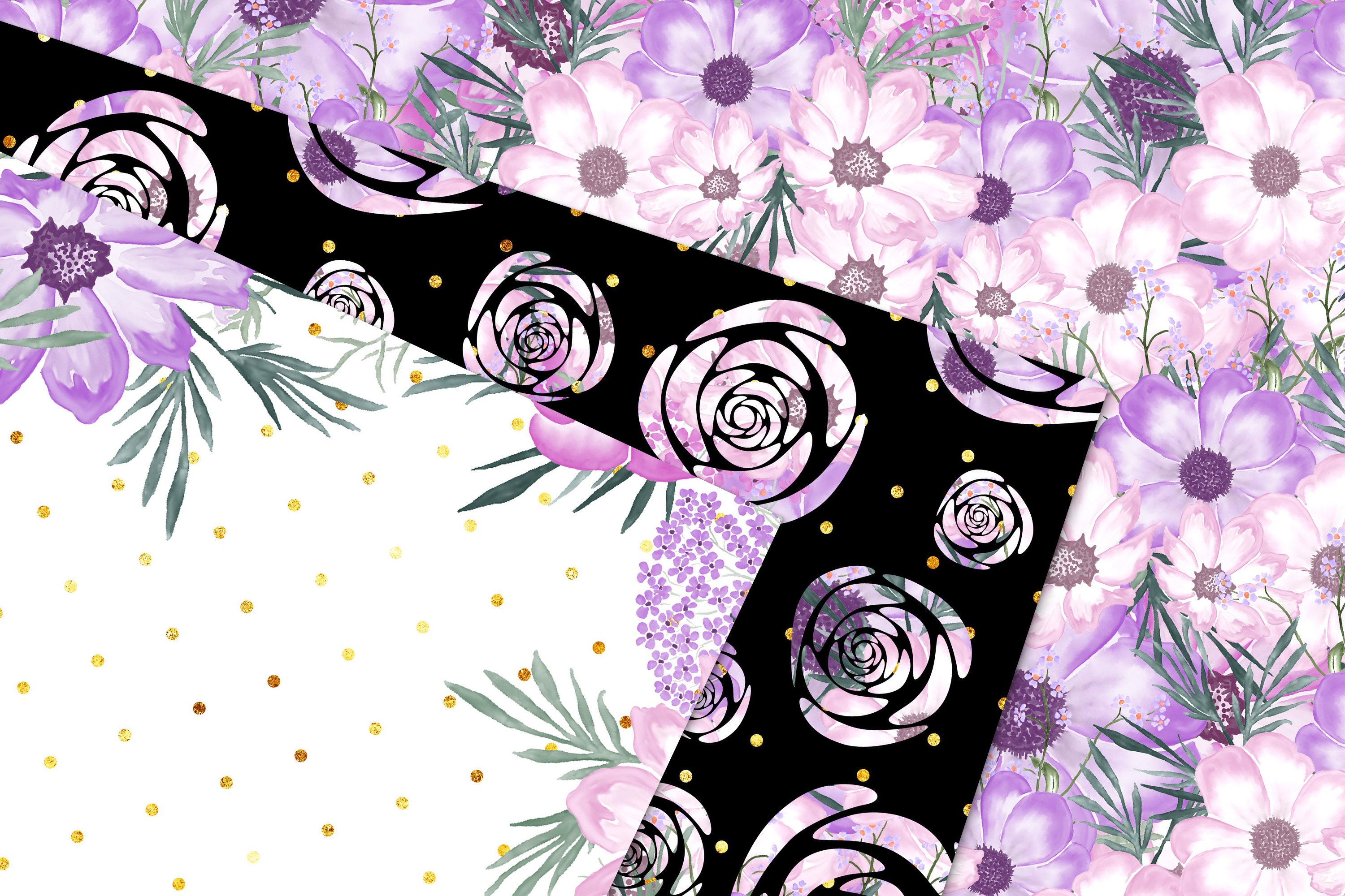 Watercolor Floral Digital Paper Packpurple and Pink Black - Etsy