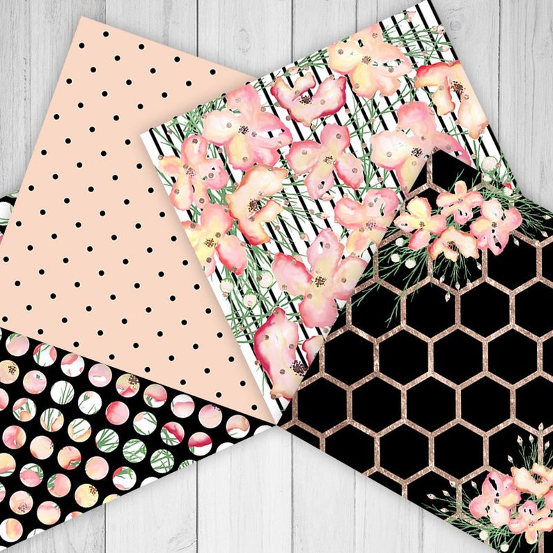 Watercolor Floral Digital Paper Pack,pink, Black, White & Rose Gold ...