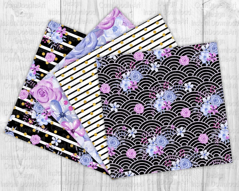 Watercolor Floral Digital Paper Pack,purple and Pink, Black White ...