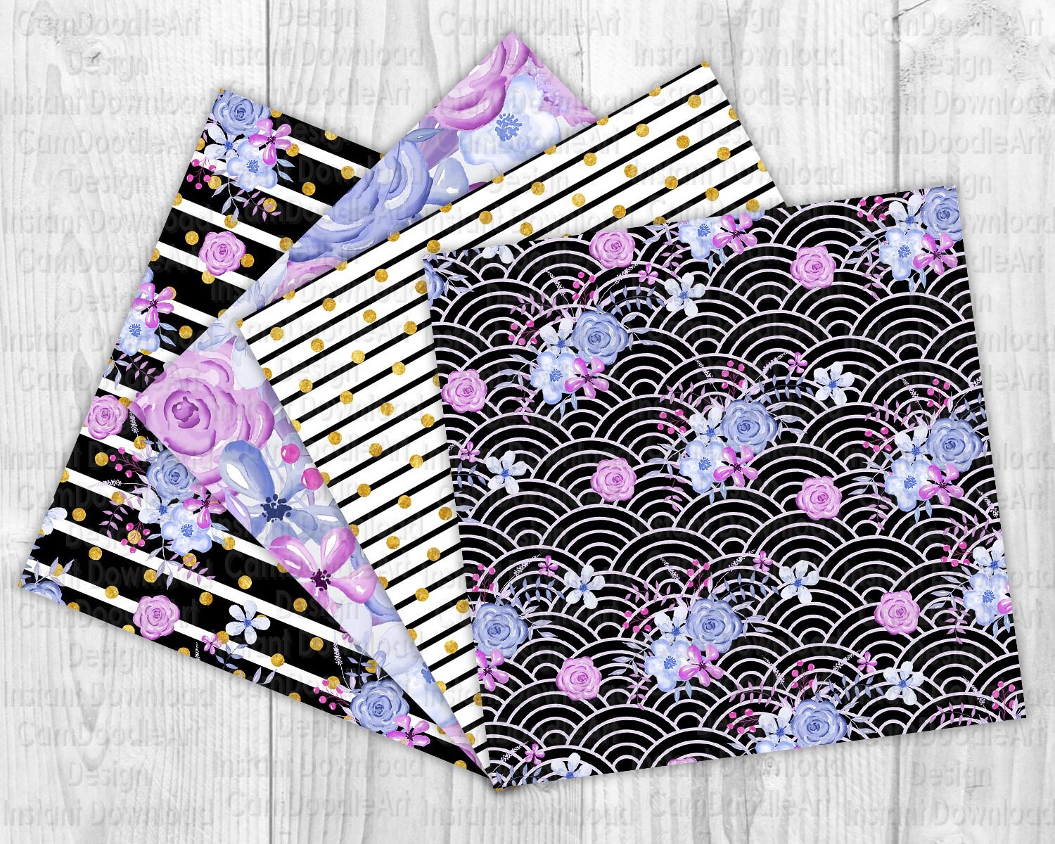 Watercolor Floral Digital Paper Pack,purple and Pink, Black White ...