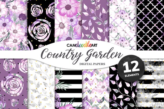 Watercolor Floral Digital Paper Packpurple and Pink Black - Etsy